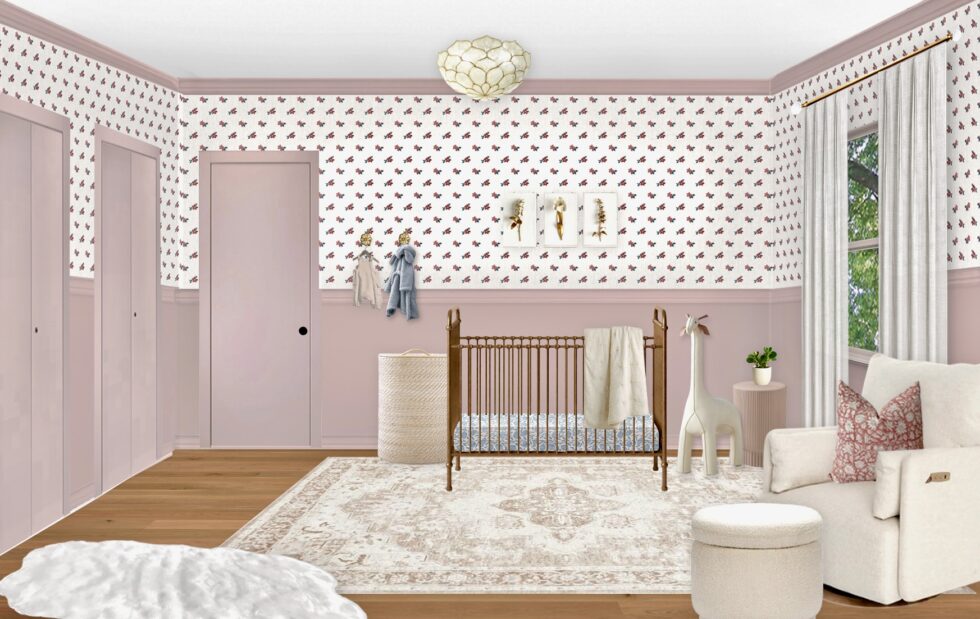 Floral Virtual Nursery Design with Mauve Paneling - Little Crown Interiors